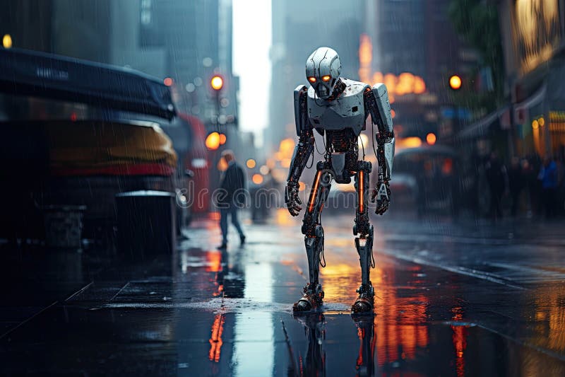 Lonely robot stand in rain stock illustration. Illustration of robotic ...