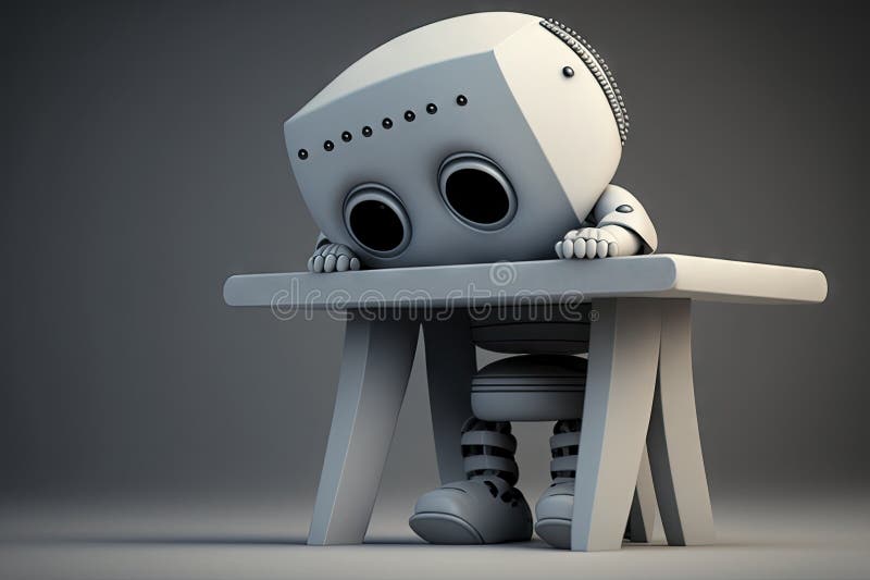Lonely Sad Robot Crying Sitting at Table on Gray Background Stock ...