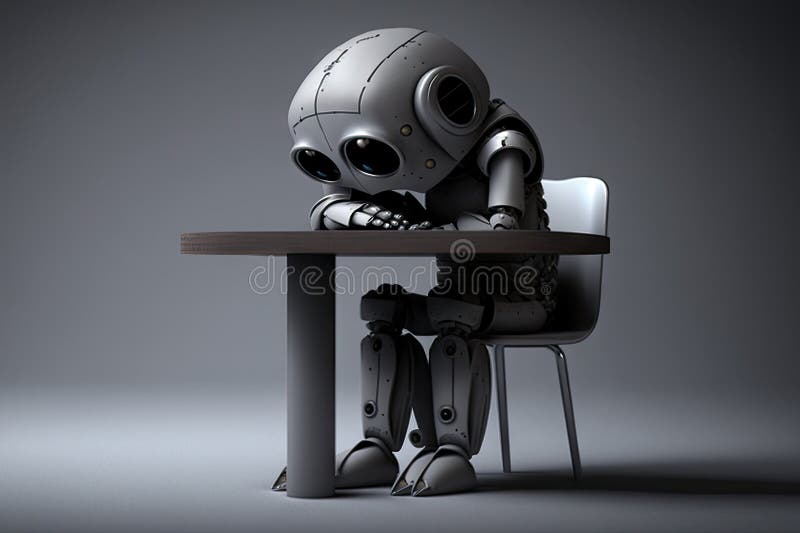 Lonely Sad Robot Crying Sitting at Table on Gray Background Stock Image ...