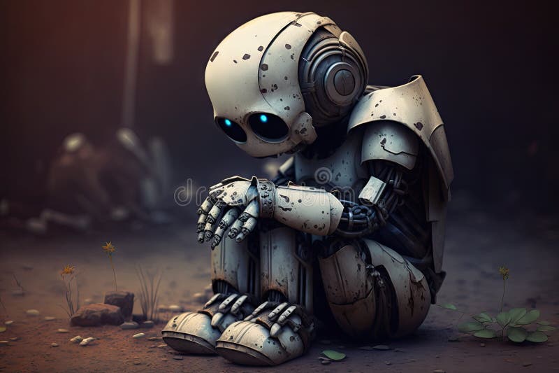 Lonely Sad Robot with Opened Broken Arm in His Hands Stock Illustration - Illustration of cyborg ...