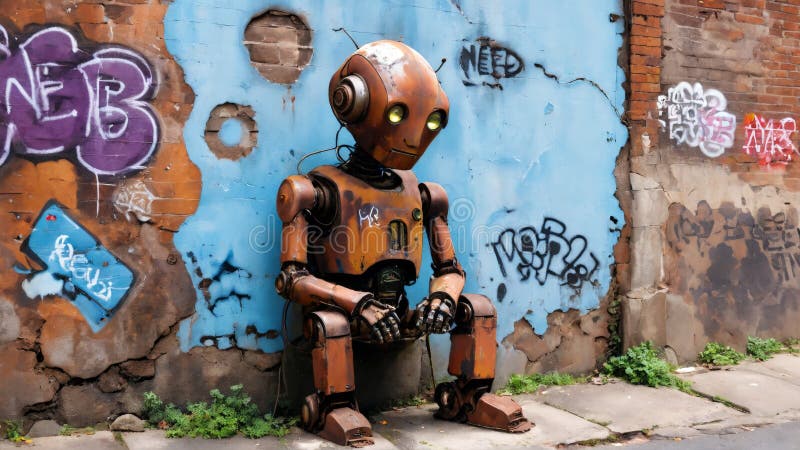 Lonely Sad Robot Rusty Holding a Sign that Says Need Work Stock ...