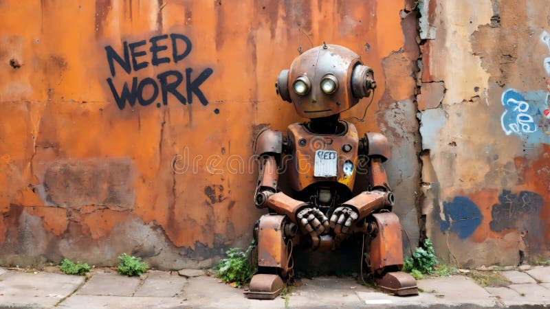 Lonely Sad Robot Rusty Holding a Sign that Says Need Work Stock Illustration - Illustration of ...