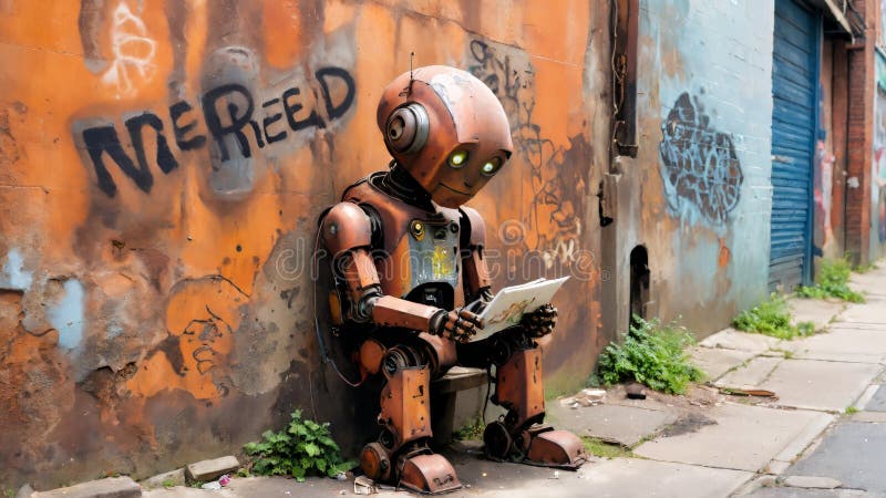 Lonely Sad Robot Rusty Holding a Sign that Says Need Work Stock Illustration - Illustration of ...