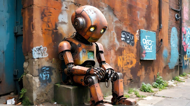 Lonely Sad Robot Rusty Holding a Sign that Says Need Work Stock Illustration - Illustration of ...