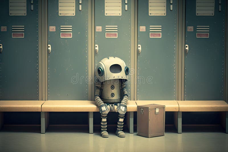 Lonely Sad Robot Sitting in Locker without Exit Stock Illustration ...