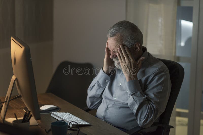 Lonely Sad Senior Man Connecting at Night Stock Photo - Image of hands ...