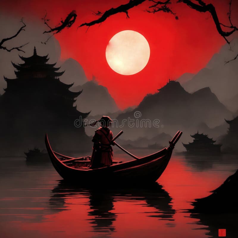 Lonely Samurai Sailing on a Boat Stock Illustration - Illustration of ...