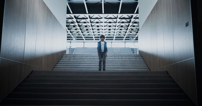 Lonely Schoolboy Posing Standing Empty School Campus Staircase after Classes. Stock Image ...