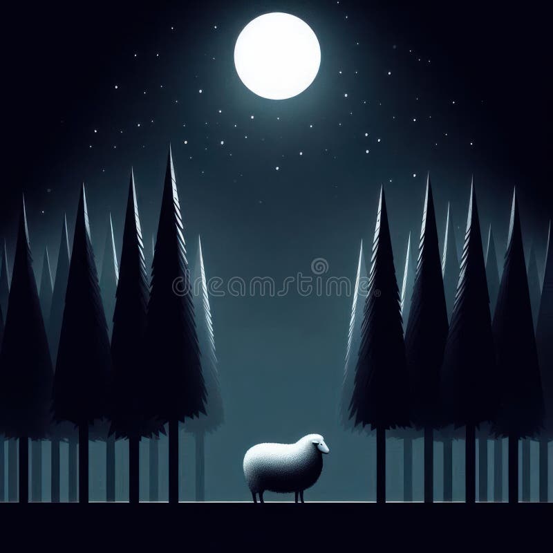 A Lonely Sheep in a Night Forest Under a Full Moon. Stock Image - Image ...