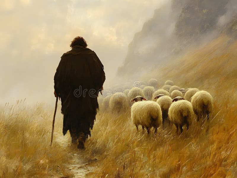 A Lonely Shepherd Walks through the Field with His Sheep Stock ...