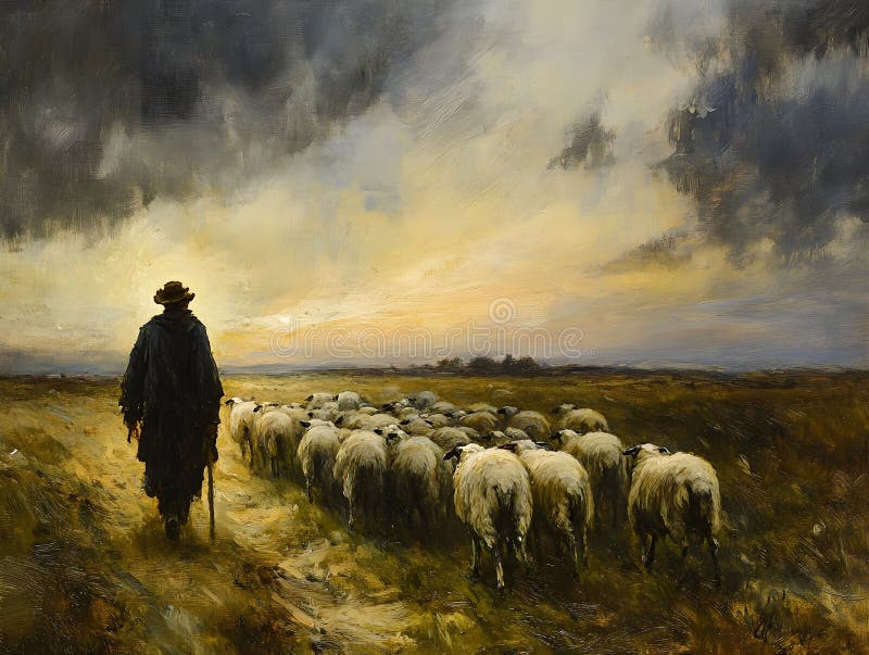 A Lonely Shepherd Walks through the Field with His Sheep Stock ...