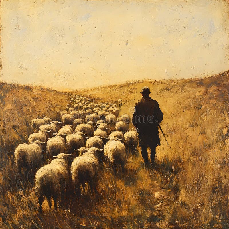 A Lonely Shepherd Walks through the Field with His Sheep Stock ...