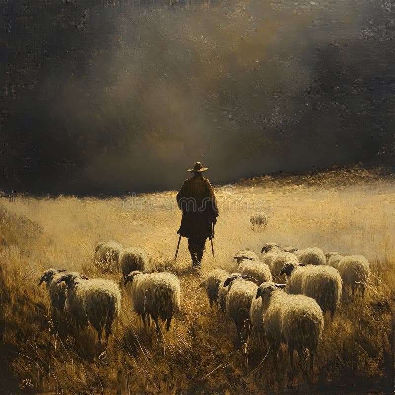 A Lonely Shepherd Walks through the Field with His Sheep Stock ...