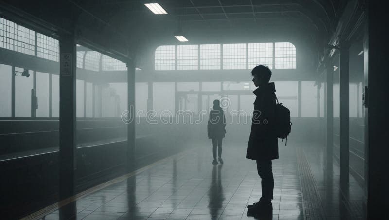 Lonely Silhouette in Foggy Train Station Anime Style Stock Illustration ...