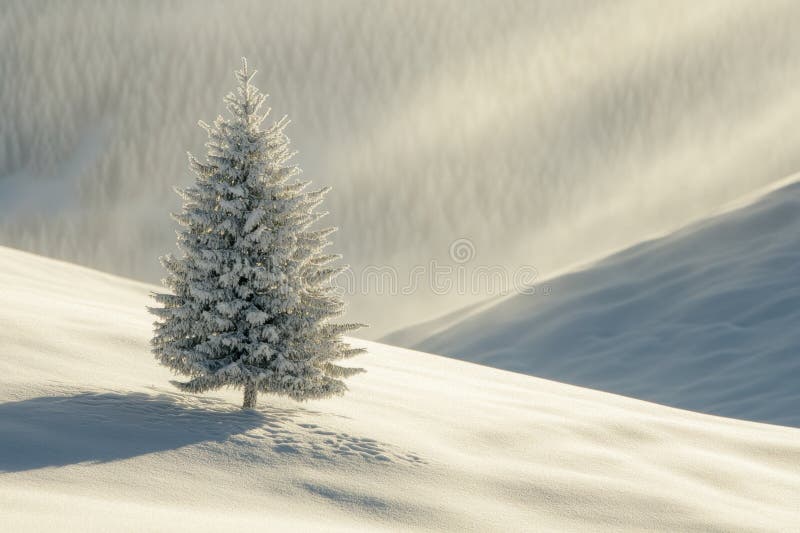 Lonely Snow Covered Pine Tree Growing on Mountainside Stock Photo ...