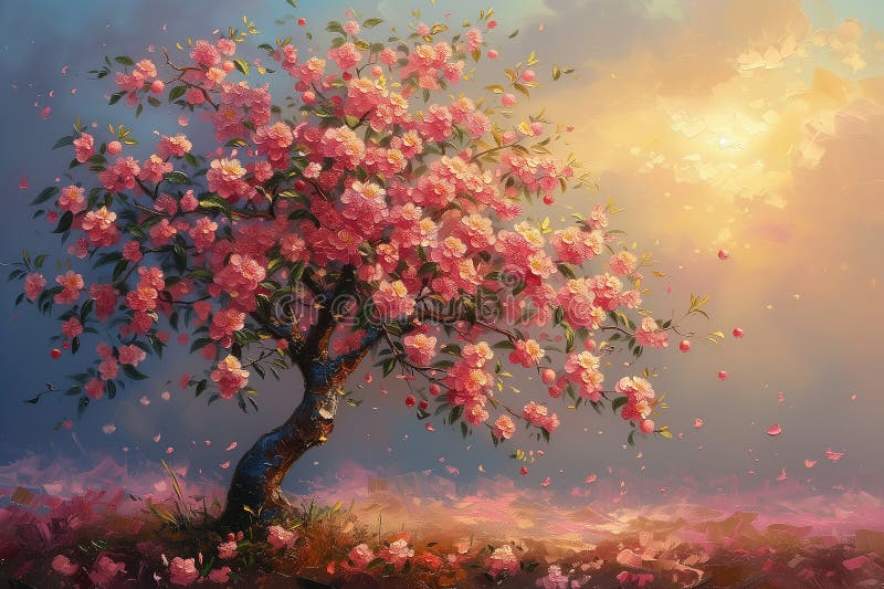 Lonely Standing Blooming Spring Tree. Oil Painting in Impressionism ...