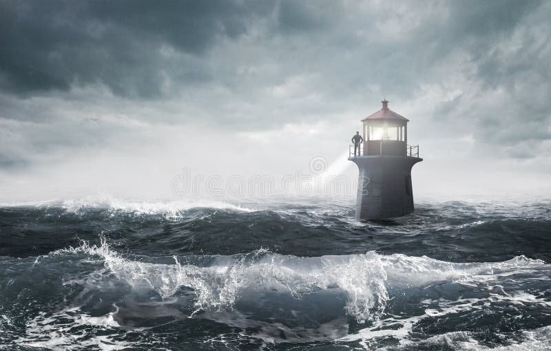 Lonely but Strong-minded Man Standing at a Lighthouse in a Raging Sea ...