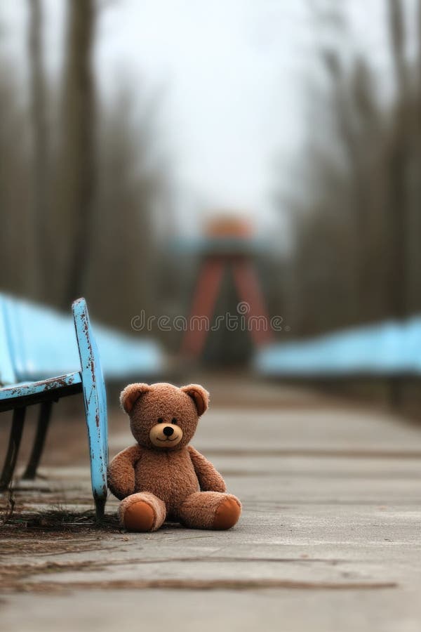 Lonely Teddy Bear on Empty Pathway with Blue Benches on Overcast Day ...