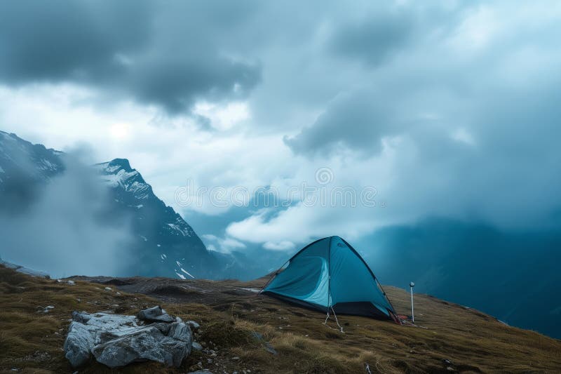 Lonely Tent on Mountain Top with Rain Clouds Overhead Stock Image ...