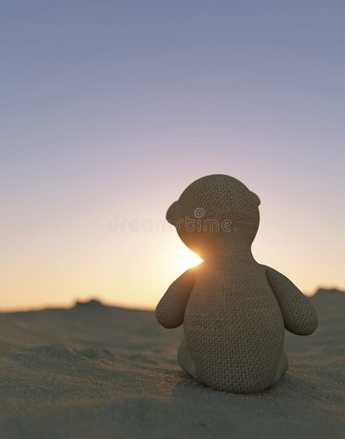 Lonely Toy Bear Facing a Sunset 3d Render Stock Illustration ...