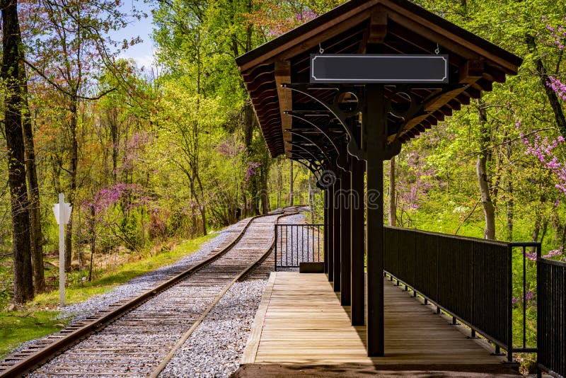 Lonely Train Station in the Woods with a Stream and Stone Wall Stock ...