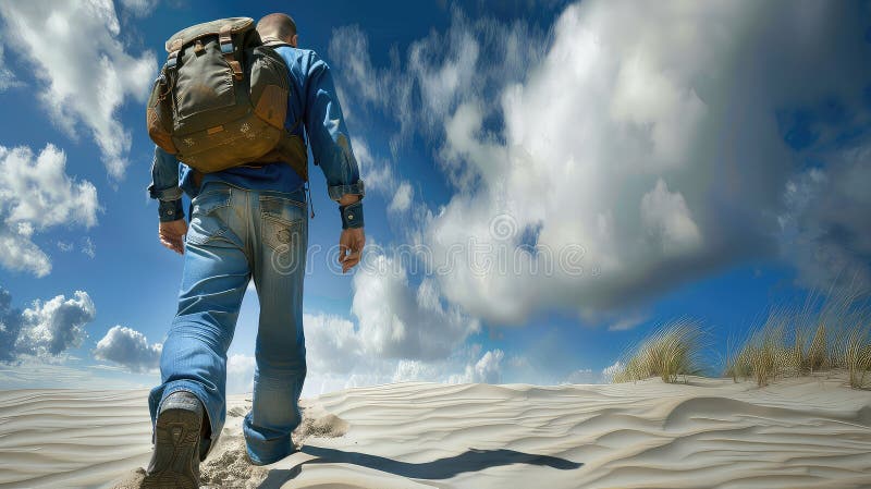 A Lonely Traveler with a Backpack Walks through the Desert. Back View ...