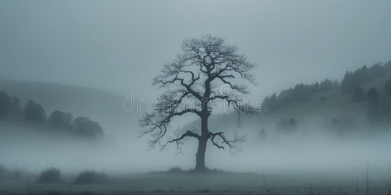 Lonely Tree Amidst Enigmatic Fog in a Gloomy Natural Setting Stock ...
