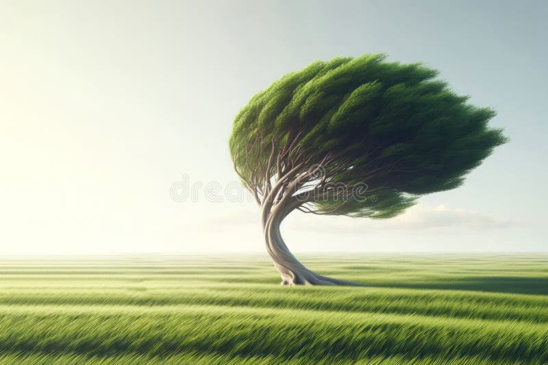 A Lonely Tree Bent by the Wind in the Expanse of the Field. Space for ...