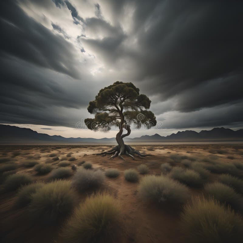 Lonely Tree in the Desert, Generative Ai Stock Illustration ...