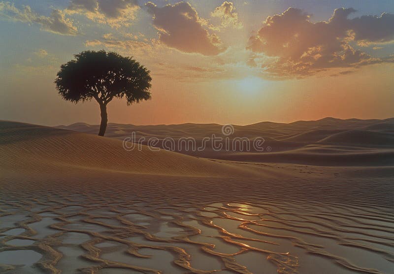 Lonely Tree in Desert Landscape at Sunset Stock Illustration ...