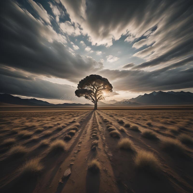 Lonely Tree in the Desert at Sunset. Generative Ai Stock Illustration ...