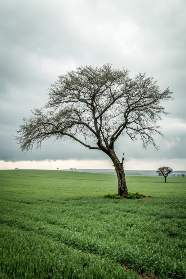 Lonely Tree at the Empty Green Field with Copy Space Stock Illustration ...