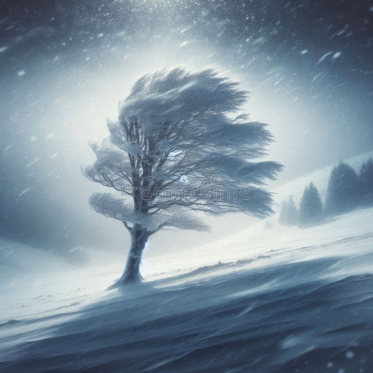 Lonely Tree Enduring a Harsh Blizzard in Winter Landscape Stock ...