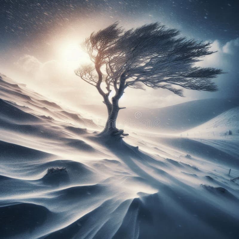 Lonely Tree Enduring a Harsh Blizzard in Winter Landscape Stock ...