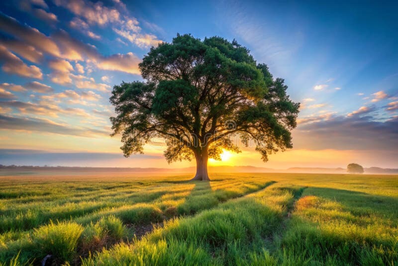 Lonely Tree on Field at Dawn in Summer Stock Illustration ...