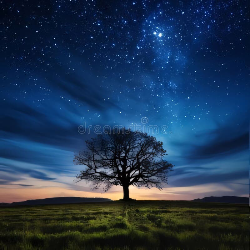 Lonely Tree in the Field at Night with Starry Sky Stock Illustration ...