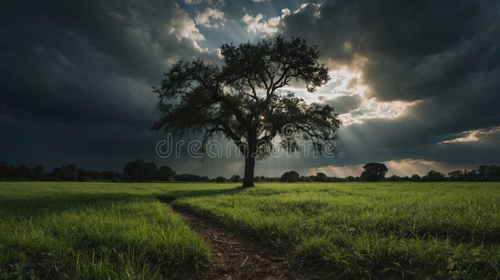 Lonely Tree in Field Under Dramatic Sky with Sun Rays Breaking through ...