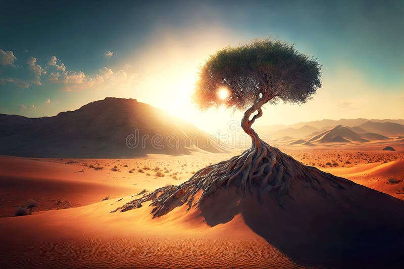 Lonely Tree Growing on Hill Under Scorching Rays of Sun in Desert Stock ...