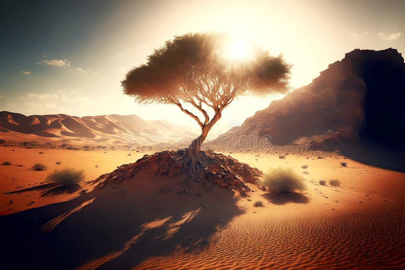 Lonely Tree Growing on Hill Under Scorching Rays of Sun in Desert Stock ...
