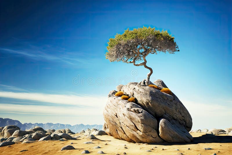 Lonely Tree Growing on Low Rock in Empty Under Clear Blue Sky Stock ...