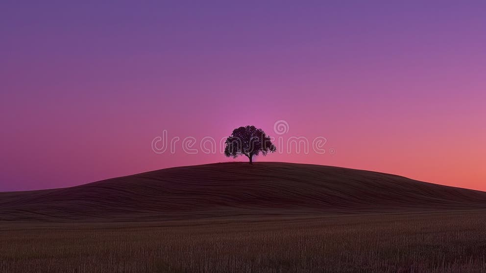 Lonely Tree on a Hill at Sunset 3d Render Stock Illustration ...