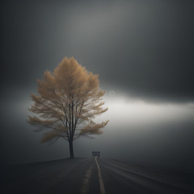 Lonely Tree in the Middle of a Foggy Road. Generative Ai Stock ...