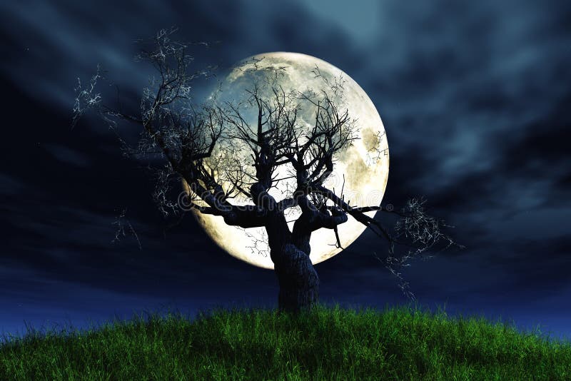 Lonely Tree Moonlight 3D Render Stock Illustration - Illustration of ...