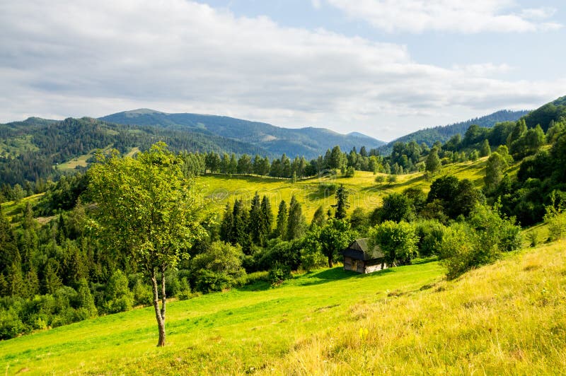 A Lonely Tree and an Old House in the Mountains Stock Photo - Image of ...