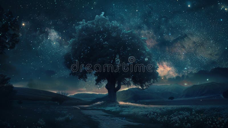 Lonely Tree in Open Field Under Starry Night Sky Stock Image - Image of ...