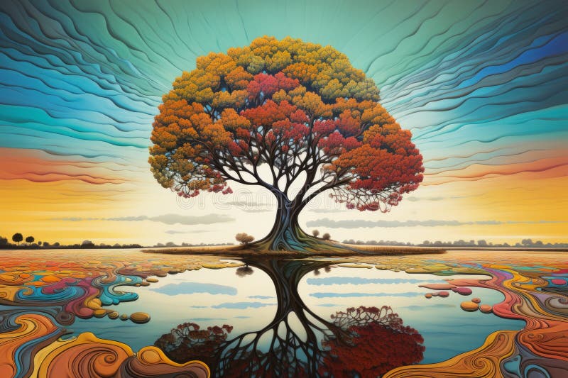 A Lonely Tree with a Reflection in the Water. Bright Landscape, Pop ...