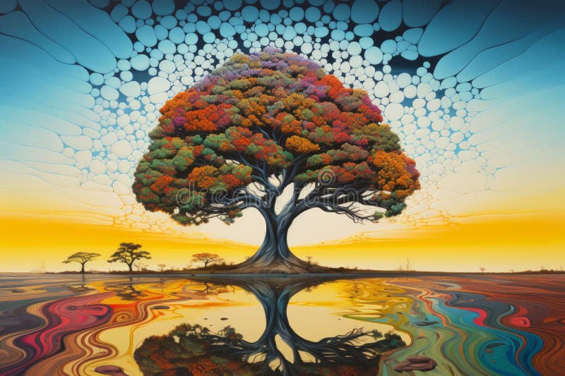 A Lonely Tree with a Reflection in the Water. Bright Landscape, Pop ...