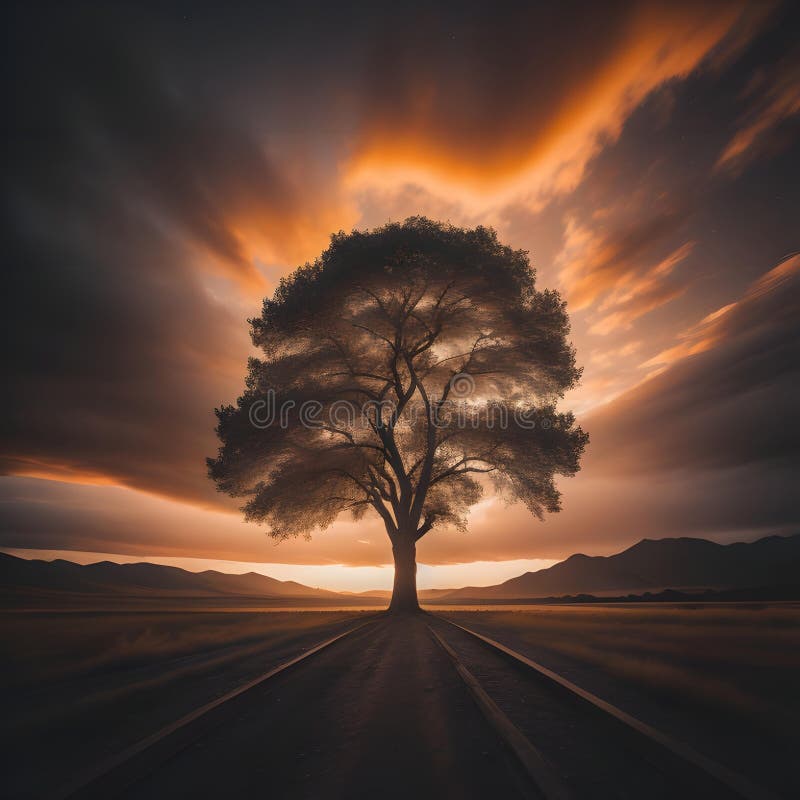 Lonely Tree on the Road at Sunset, Generative Ai Stock Illustration ...