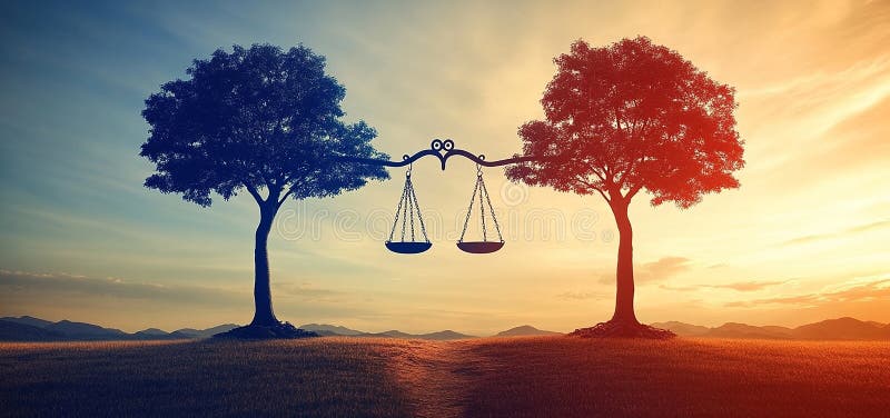 A Lonely Tree in the Snow with a Balanced Scale Symbolizing Justice and ...