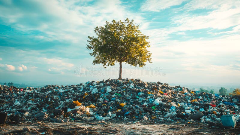 Lonely Tree Standing Amidst Pile of Garbage Symbolizing Environmental ...